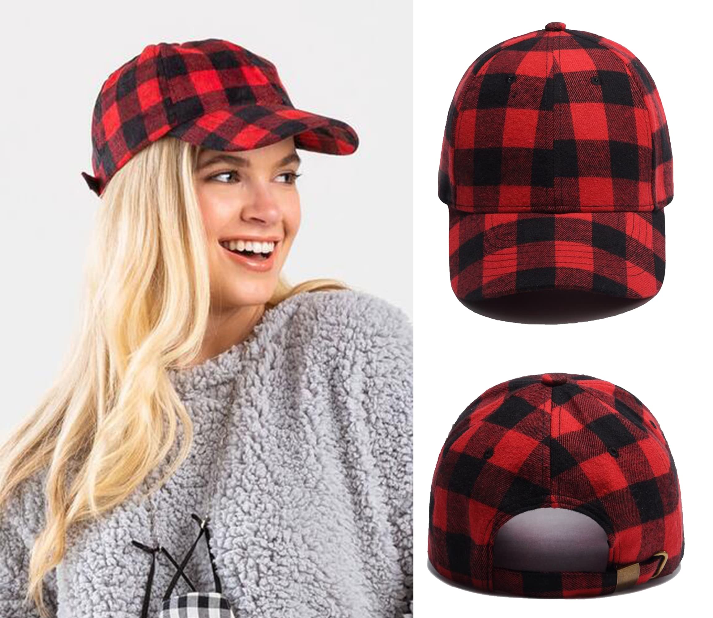 Unisex Buffalo-Plaid Baseball-Hat Red-Black-Check Ball-Cap for Women Men (Medium, Red-Black Plaid)