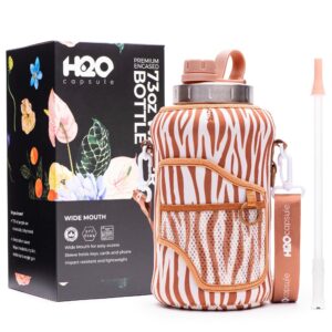 h2o capsule 2.2l half gallon wide mouth water bottle with storage sleeve and removable straw - hydration tracker jug with measurements marked – shatterproof bpa-free, (libra zebra)