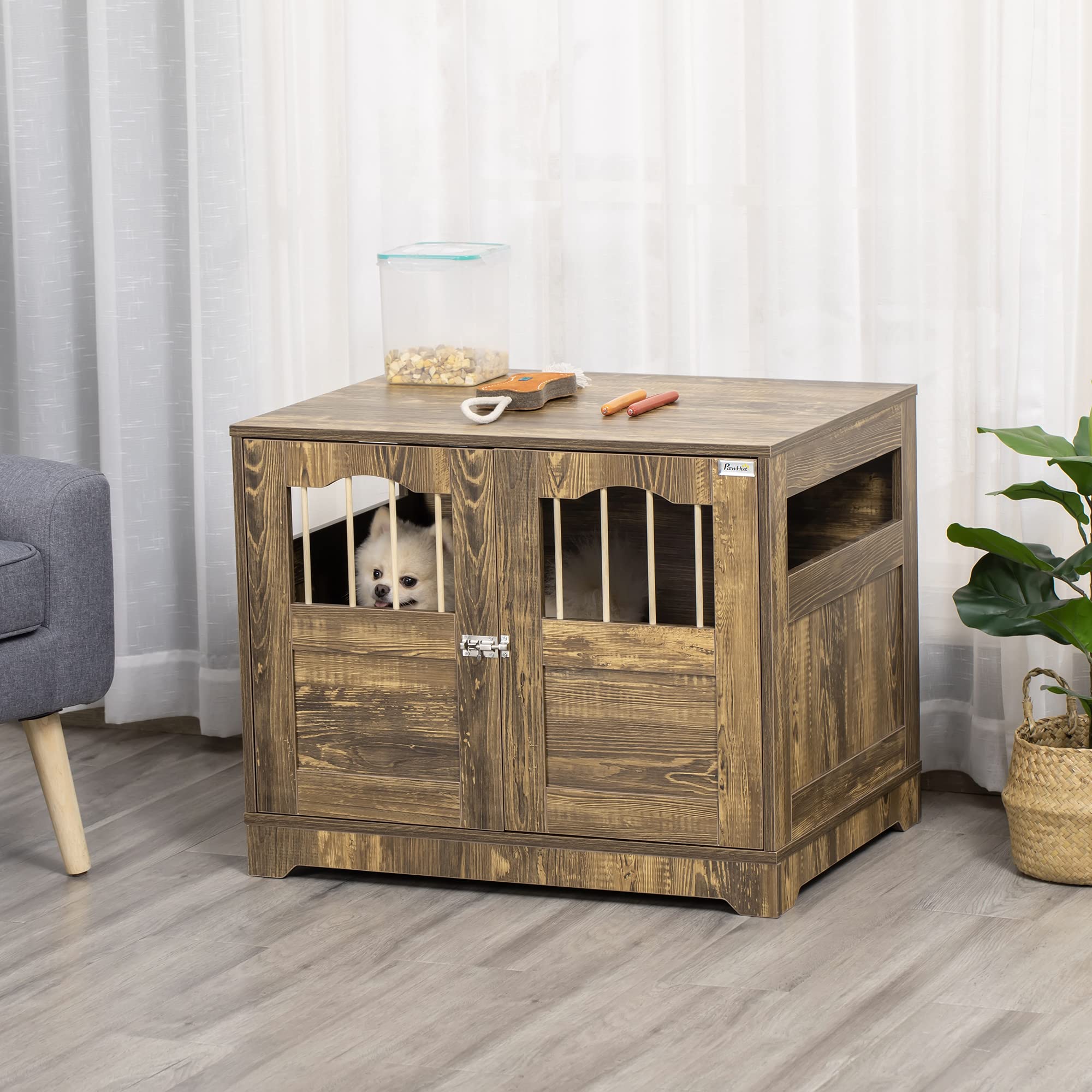 PawHut Wooden Dog Crate, End Table Furniture with Lockable Door, Small & Medium Size Pet Crate Indoor Puppy Cage, Brown