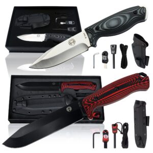 d2 damascus steel survival knife gift set and large 1095 high carbon steel hunting knife (red & black) bundle