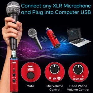 Pyle Microphone XLR to USB Signal Converter Adapter Universal Windows Mac Plug and Play Mic to PC Adaptor for Digital Recording Interface, Mix Audio Control, 48V Phantom Power, USB Cable (Red)