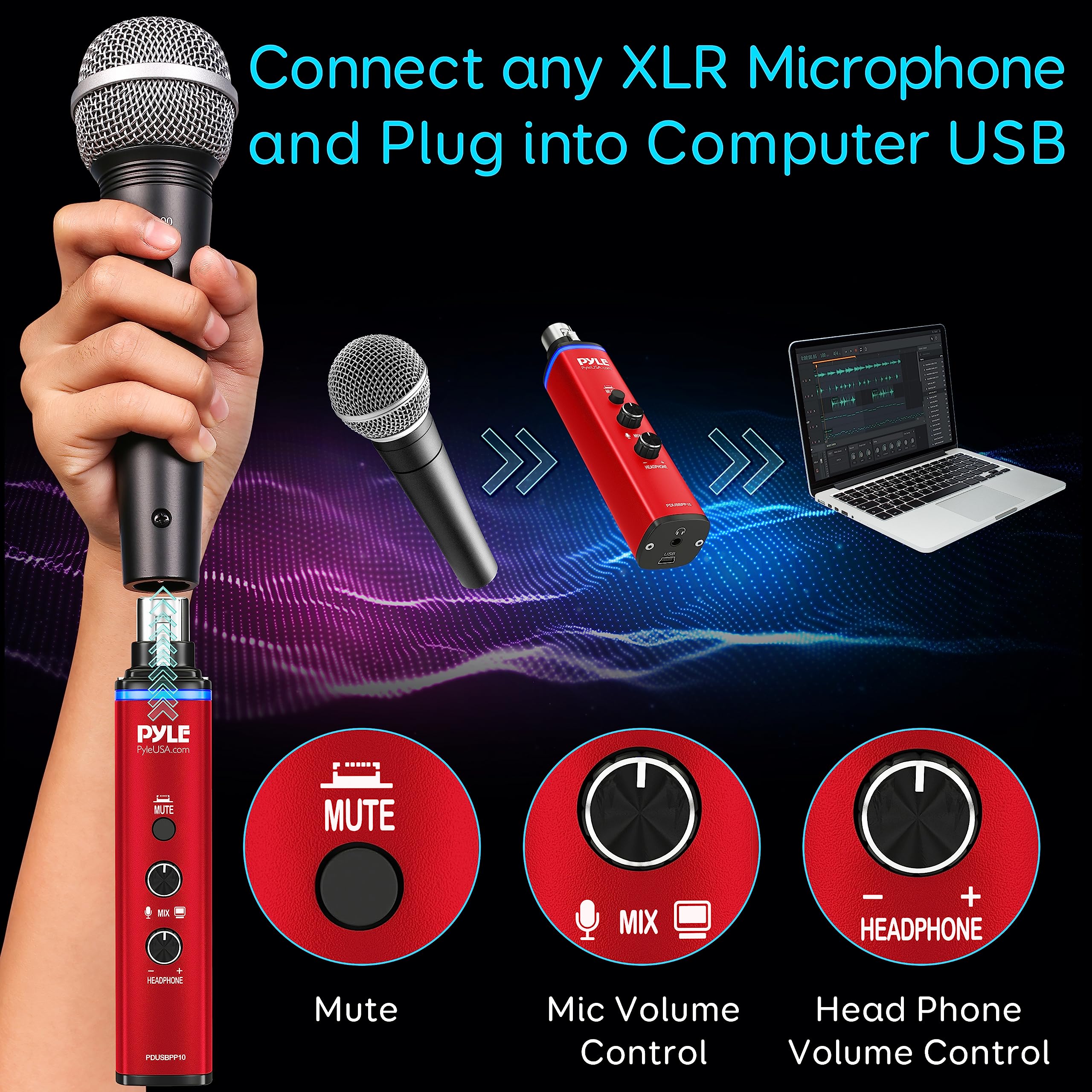 Pyle Microphone XLR to USB Signal Converter Adapter Universal Windows Mac Plug and Play Mic to PC Adaptor for Digital Recording Interface, Mix Audio Control, 48V Phantom Power, USB Cable (Red)