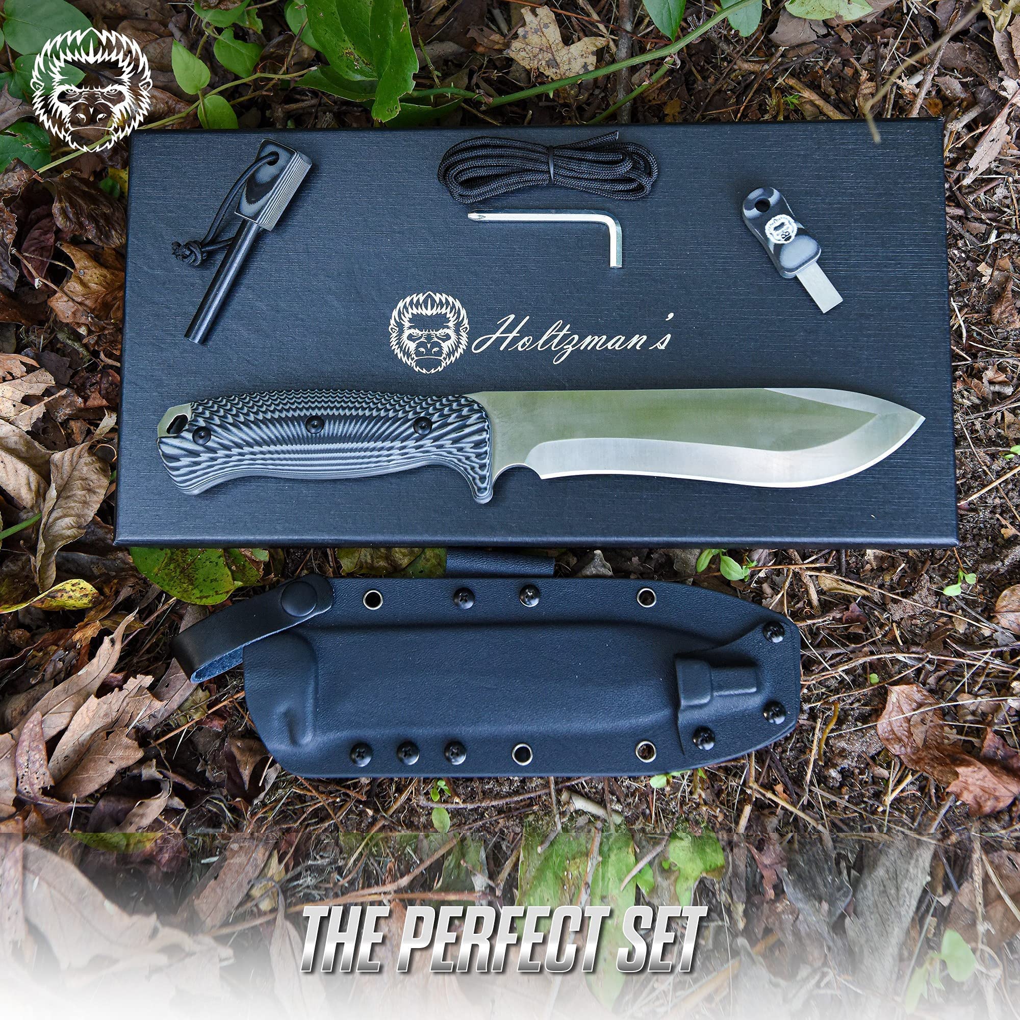 D2 Damascus Steel Survival Knife Gift Set and Large D2 Damascus Steel Hunting Knife Bundle