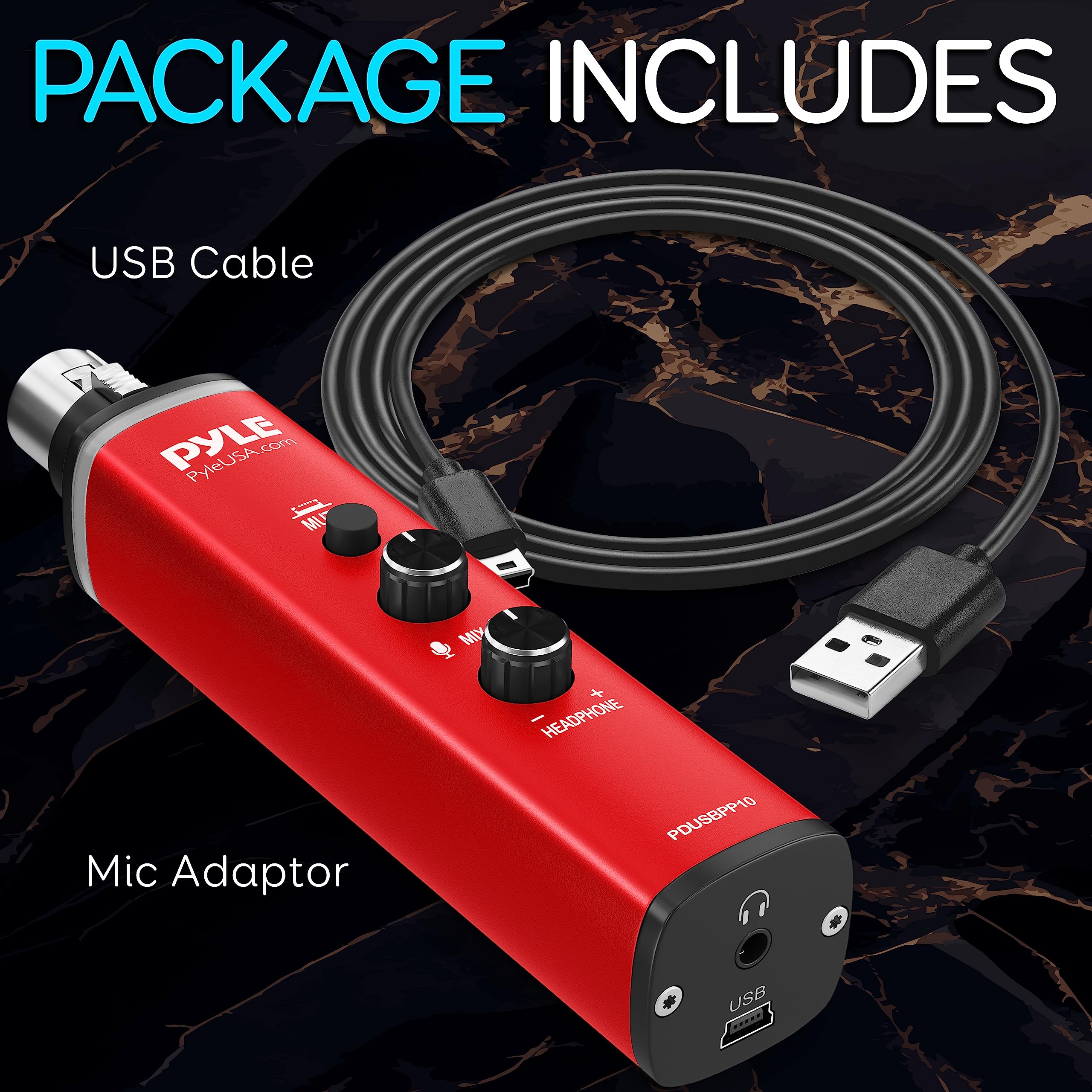 Pyle Microphone XLR to USB Signal Converter Adapter Universal Windows Mac Plug and Play Mic to PC Adaptor for Digital Recording Interface, Mix Audio Control, 48V Phantom Power, USB Cable (Red)