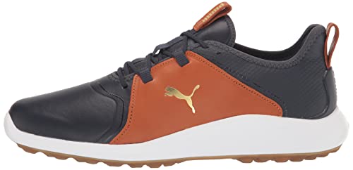 PUMA Men's Ignite Fasten8 Crafted Golf Shoe, Navy Blazer/Gold/Leather Brown, 9.5