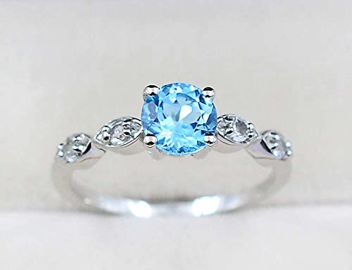 6 MM Round Cut Natural Swiss Blue Topaz Gemstone 925 Sterling Silver December Birthstone Solitaire Unisex Proposal Ring For Christmas Gift (Rose Gold Rhodium Plated Silver, 6)