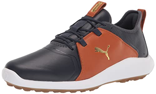 PUMA Men's Ignite Fasten8 Crafted Golf Shoe, Navy Blazer/Gold/Leather Brown, 9.5