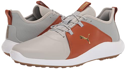 PUMA Men's Ignite Fasten8 Crafted Golf Shoe, High-Rise/Gold/Leather Brown, 12