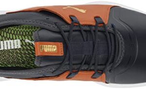 PUMA Men's Ignite Fasten8 Crafted Golf Shoe, Navy Blazer/Gold/Leather Brown, 9.5