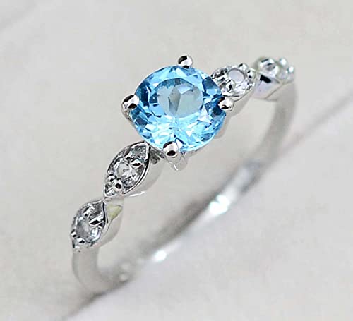 6 MM Round Cut Natural Swiss Blue Topaz Gemstone 925 Sterling Silver December Birthstone Solitaire Unisex Proposal Ring For Christmas Gift (Rose Gold Rhodium Plated Silver, 6)