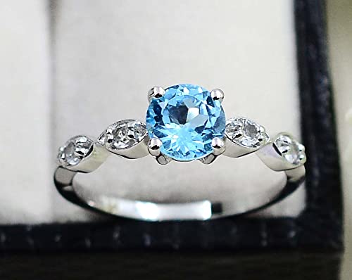 6 MM Round Cut Natural Swiss Blue Topaz Gemstone 925 Sterling Silver December Birthstone Solitaire Unisex Proposal Ring For Christmas Gift (Rose Gold Rhodium Plated Silver, 6)