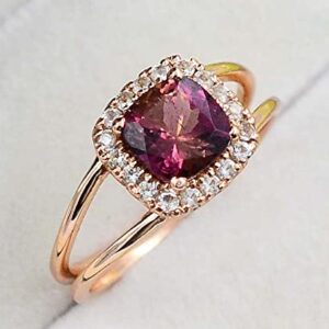 Natural Pink Tourmaline 7 MM Cushion Cut Gemstone 925 Sterling Silver October Birthstone Solitaire Unisex Ring For Christmas Gift (Rose Gold Rhodium Plated Silver, 8.5)