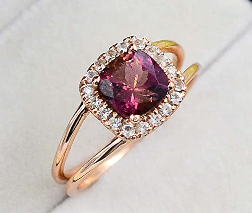 Natural Pink Tourmaline 7 MM Cushion Cut Gemstone 925 Sterling Silver October Birthstone Solitaire Unisex Ring For Christmas Gift (Rose Gold Rhodium Plated Silver, 8.5)