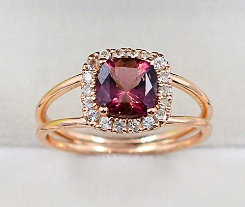 Natural Pink Tourmaline 7 MM Cushion Cut Gemstone 925 Sterling Silver October Birthstone Solitaire Unisex Ring For Christmas Gift (Rose Gold Rhodium Plated Silver, 8.5)