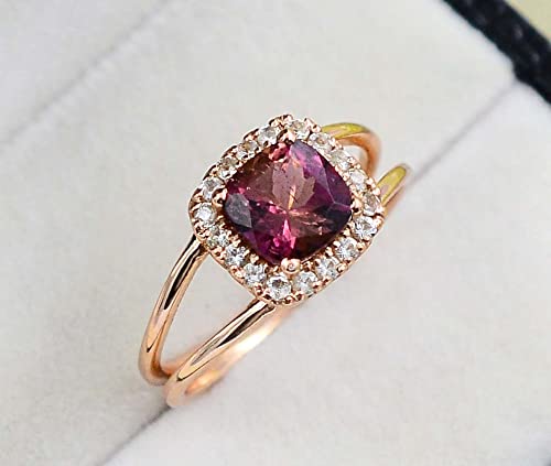 Natural Pink Tourmaline 7 MM Cushion Cut Gemstone 925 Sterling Silver October Birthstone Solitaire Unisex Ring For Christmas Gift (Rose Gold Rhodium Plated Silver, 8.5)