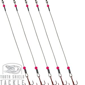 Tooth Shield Tackle Ice Fishing Tip Up Leader/Rig (90 lb) / Ice Fishing Sucker Walleye Pike Musky Predator Rig (5 Pack) [Pink Bead] (Hook Size: 2)