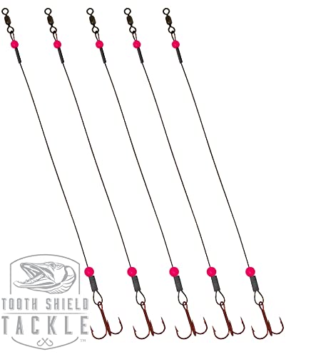 Tooth Shield Tackle Ice Fishing Tip Up Leader/Rig (90 lb) / Ice Fishing Sucker Walleye Pike Musky Predator Rig (5 Pack) [Pink Bead] (Hook Size: 2)