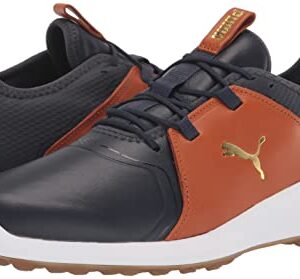 PUMA Men's Ignite Fasten8 Crafted Golf Shoe, Navy Blazer/Gold/Leather Brown, 9.5