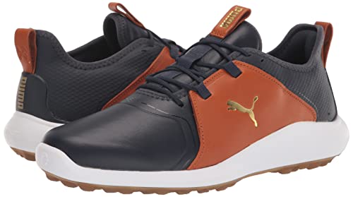 PUMA Men's Ignite Fasten8 Crafted Golf Shoe, Navy Blazer/Gold/Leather Brown, 9.5