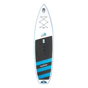 badfish monarch inflatable stand up paddle board | sup w/paddle, backpack travel bag, pump, fixed fins, & coiled leash