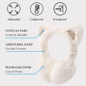 Peecabe Winter Kids Earmuffs Warm Girl Ear Muffs For Toddler Kid Children Earmuff with Cat Ears Girls Ear Warmer Adjustable (White)