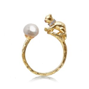 ccijing christmas pearl ring for women 14k gold plated adjustable open wrap ring fashion eternity statement jewelry for christmas gift（cat pearl）