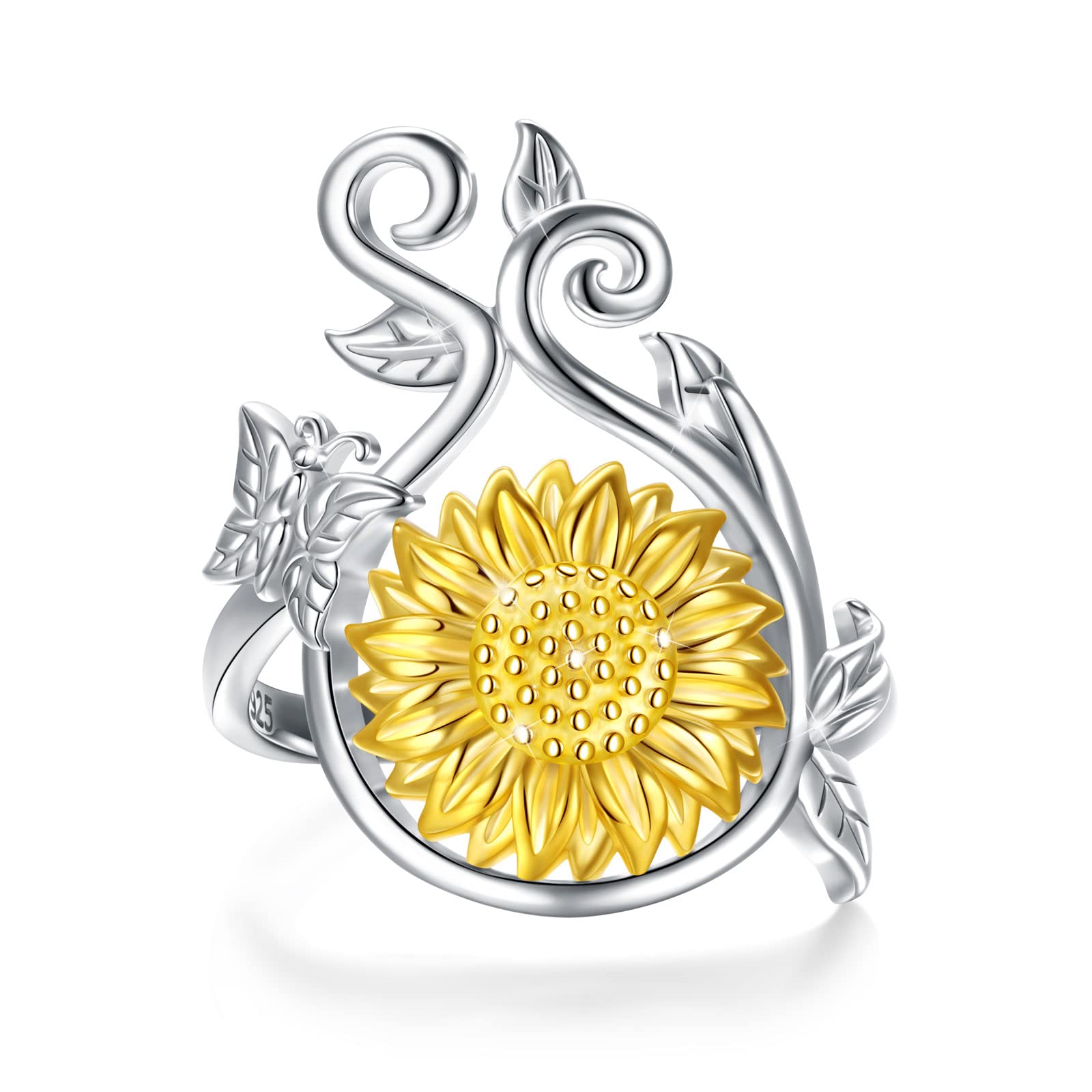 Sunflower Ring for Women S925 Sterling Silver You Are My Sunshine Positive Meaning Sunflower Jewelry Gifts for Mom Wife Daughter Sister