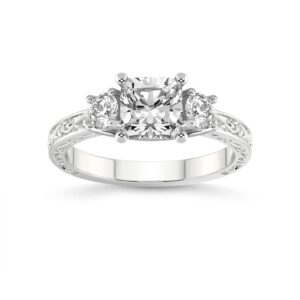 3 ct igi certified cushion shape lab grown diamond ring | 14k or 18k white, yellow or rose gold | valencia three stone vintage ring | fg-vs1-vs2 quality friendly diamonds