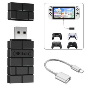 8bitdo usb wireless controller adapter 2 converter dongle for switch/switch oled,steam deck,windows,raspberry pi, macos, ps5/ps4/ps3 controller,xbox series x/s,xbox one bluetooth controller otg cable