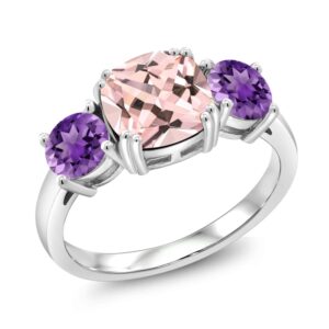 gem stone king 925 sterling silver peach nano morganite and purple amethyst 3 stone engagement ring for women (2.95 cttw, gemstone october birthstone, cushion 8mm, size 6)