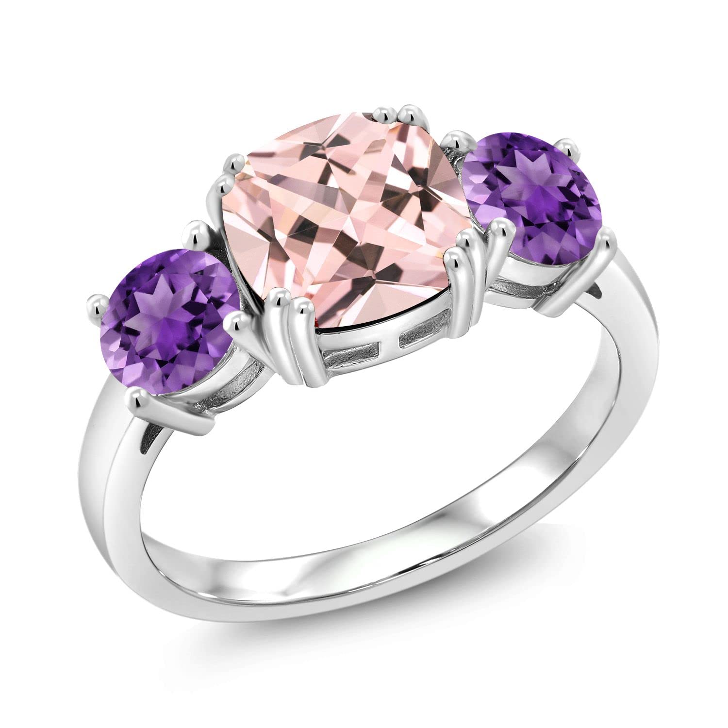 Gem Stone King 925 Sterling Silver Peach Nano Morganite and Purple Amethyst 3 Stone Engagement Ring For Women (2.95 Cttw, Gemstone October Birthstone, Cushion 8MM, Size 6)