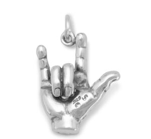 charm - sterling silver - jewelry - pendant - hand sign language i love you asl 3d