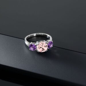 Gem Stone King 925 Sterling Silver Peach Nano Morganite and Purple Amethyst 3 Stone Engagement Ring For Women (2.95 Cttw, Gemstone October Birthstone, Cushion 8MM, Size 6)