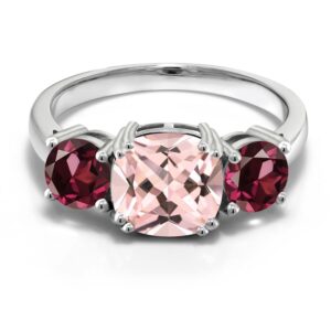 Gem Stone King 925 Sterling Silver Peach Nano Morganite and Red Rhodolite Garnet 3 Stone Engagement Ring For Women (3.20 Cttw, Gemstone October Birthstone, Cushion 8MM, Size 9)