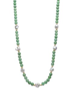 14k yellow gold natural green jade and keshi freshwater pearl necklace for women (18")