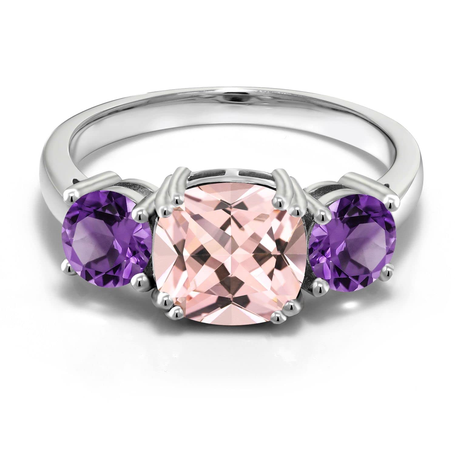 Gem Stone King 925 Sterling Silver Peach Nano Morganite and Purple Amethyst 3 Stone Engagement Ring For Women (2.95 Cttw, Gemstone October Birthstone, Cushion 8MM, Size 6)