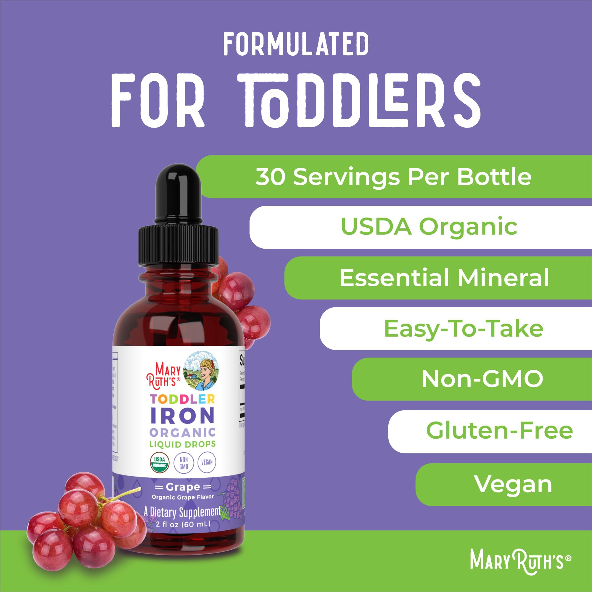 MaryRuth Organics Iron Supplement for Toddlers | Liquid Iron Supplement for Children Ages 1-3 | Iron Supplement for Iron Deficiency | Ferrochel | Sugar Free | Vegan | Non-GMO | Gluten Free | 2 Fl Oz