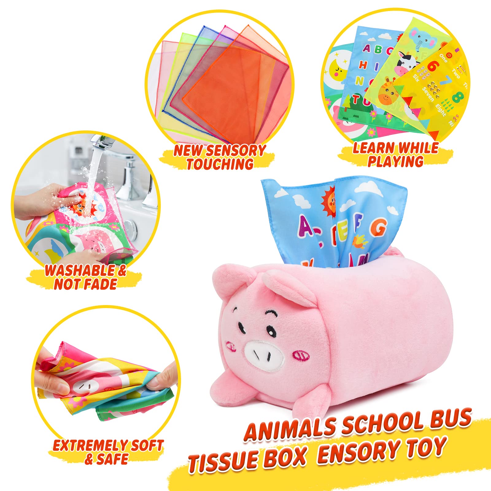 OKOOKO Tissue Box Toy for Baby 6 to 12 Months Soft Stuffed Sensory Toy Strengthen Pincer Grasp Montessori Early Educational Preschool Learning Toy for Newborn Baby Infant Toddler Kid