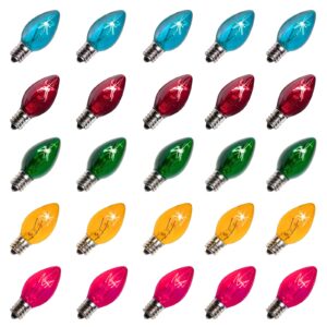 konictom 25 pack c7 multicolor replacement light bulbs, 5w clear christmas light for outside backyard garden party decoration, c7/e12 candelabra base, multicolor