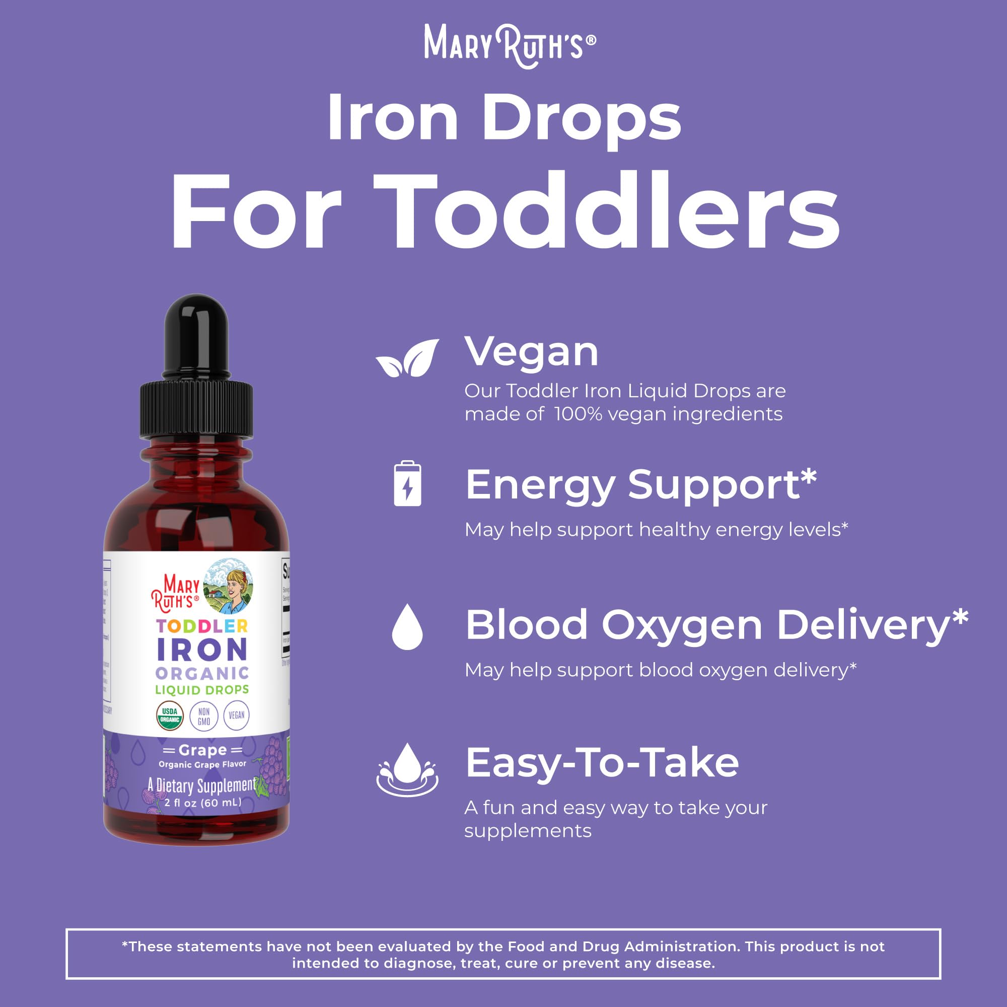 MaryRuth Organics Iron Supplement for Toddlers | Liquid Iron Supplement for Children Ages 1-3 | Iron Supplement for Iron Deficiency | Ferrochel | Sugar Free | Vegan | Non-GMO | Gluten Free | 2 Fl Oz