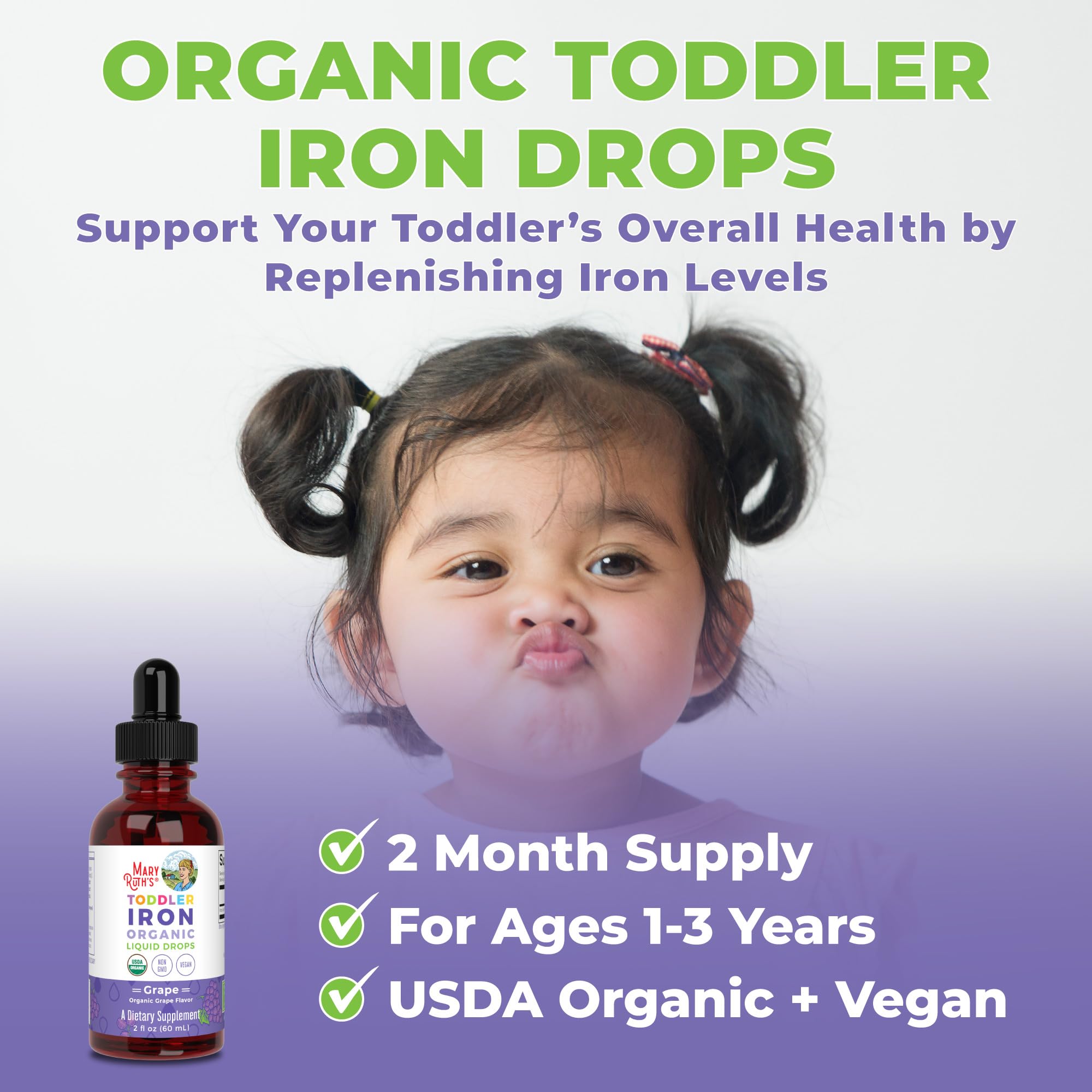 MaryRuth Organics Iron Supplement for Toddlers | Liquid Iron Supplement for Children Ages 1-3 | Iron Supplement for Iron Deficiency | Ferrochel | Sugar Free | Vegan | Non-GMO | Gluten Free | 2 Fl Oz