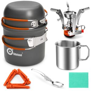 odoland 8pcs camping cookware mess kit, camping pot and pan set with mini backpacking stove, stainless steel cup, spork and tank bracket, cooking gear for outdoor, hiking, picnic, campfire, red