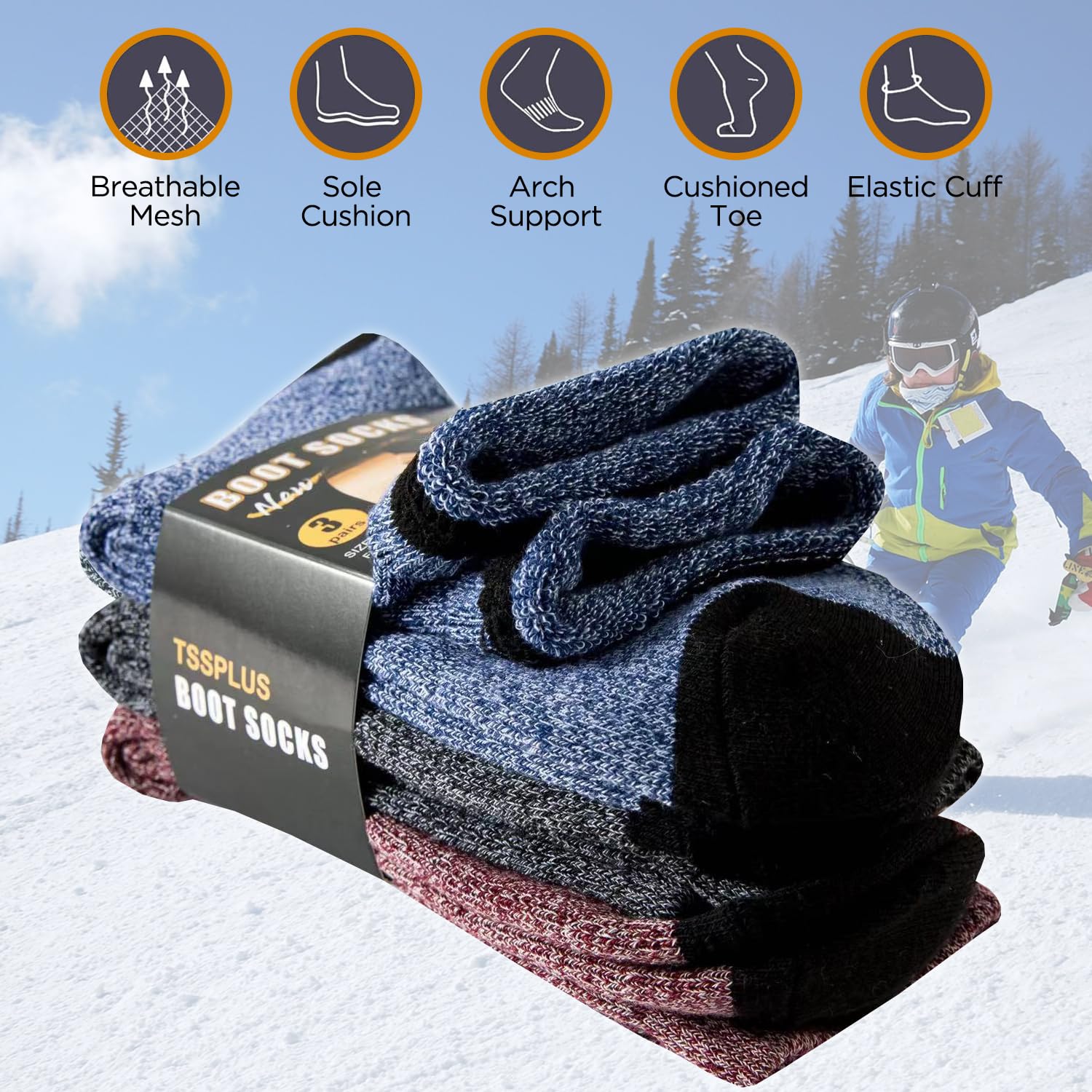 TSSPLUS 3-PAIRS Mens Winter Thermal Warm Heavy Duty Cotton Crew Work Boots Socks 9-13,Cold Weather Outdoor, Heat socks, Extreme warmer