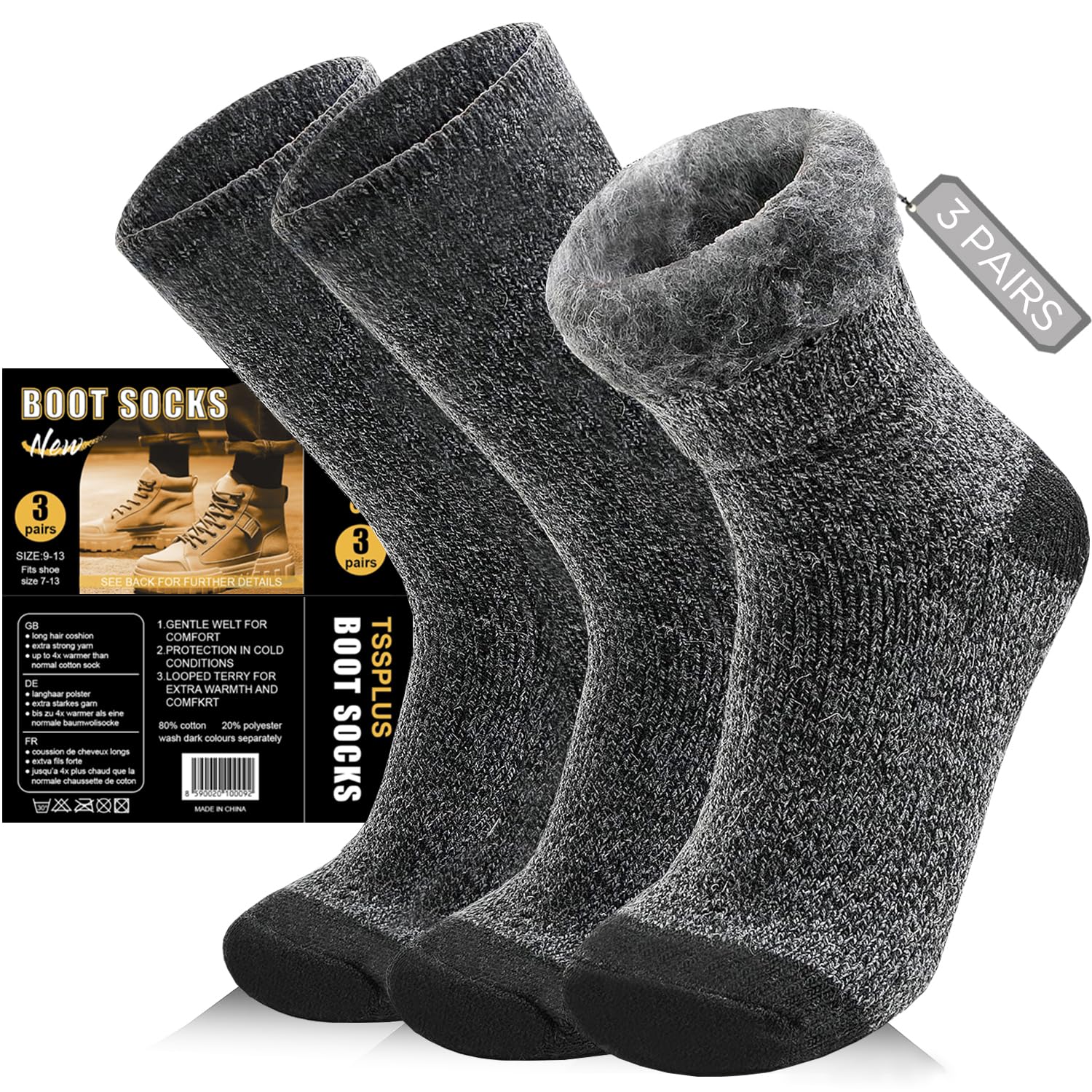 TSSPLUS 3-PAIRS Mens Winter Thermal Warm Heavy Duty Cotton Crew Work Boots Socks 9-13,Cold Weather Outdoor, Heat socks, Extreme warmer