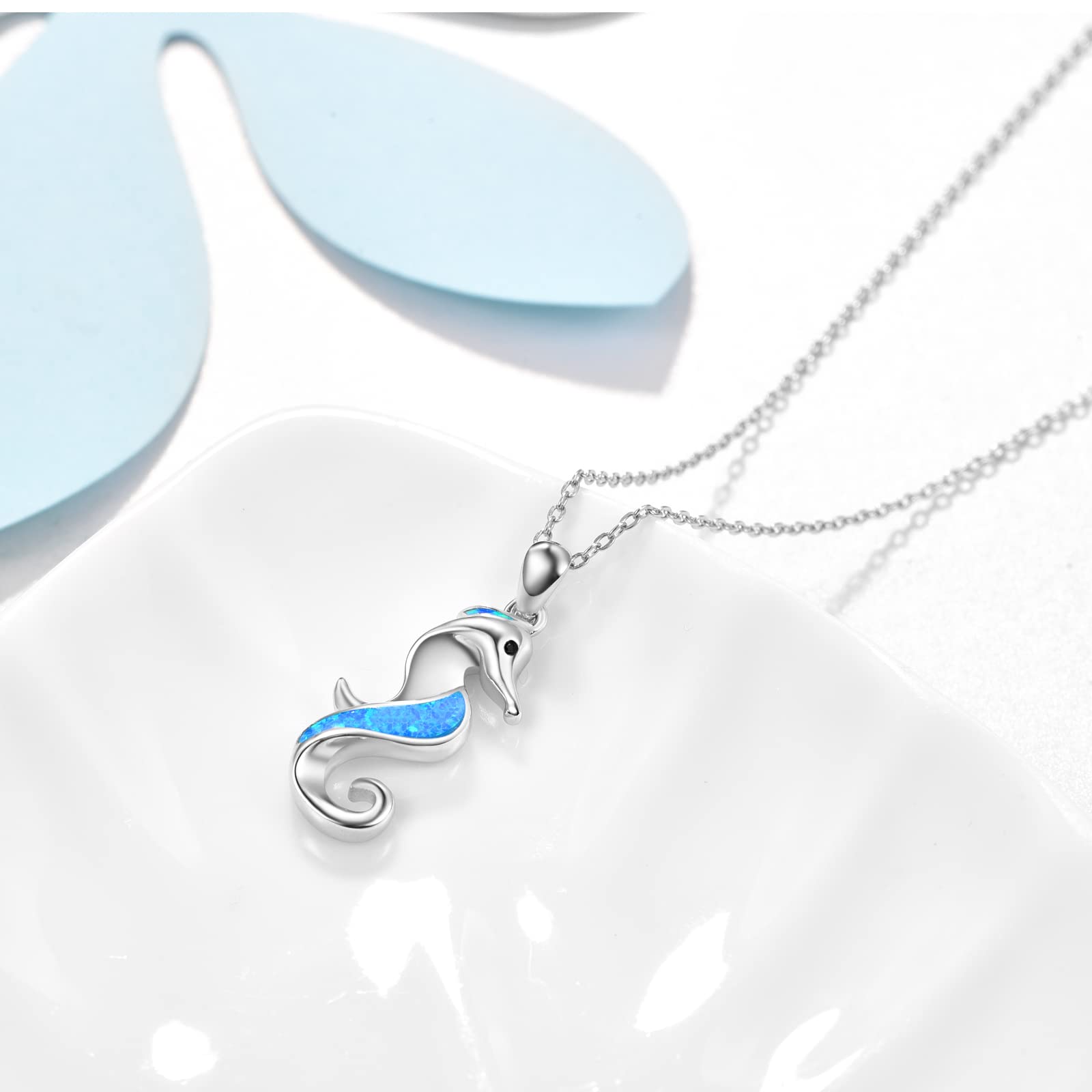 SeaHorse Pendant Necklace Sterling Silver Cute Animal Sea Horse Hippocampus Necklaces Jewelry Created Blue Opal & Cubic Zirconia Gifts for Women Sister Daughter