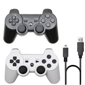 rzzhgzq 2 pack ps3 wireless controller playstation 3 controller wireless bluetooth gamepad with usb charger cable for ps3 console (black+white)