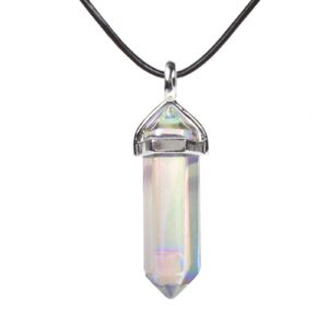 aqua aura clear quartz gemstone hexagonal pointed reiki chakra pendant genuine leather necklace 18"