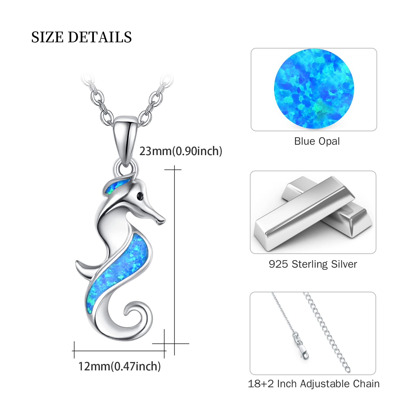 SeaHorse Pendant Necklace Sterling Silver Cute Animal Sea Horse Hippocampus Necklaces Jewelry Created Blue Opal & Cubic Zirconia Gifts for Women Sister Daughter