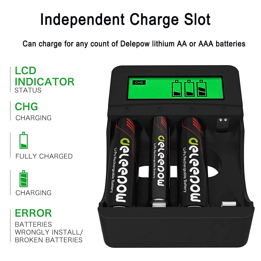 Deleepow 1.5V Rechargeable AA Batteries Lithium 3400mWh, Lithium AA Rechargeable Batteries 4-Pack 1500 Cycle with LCD Charger …