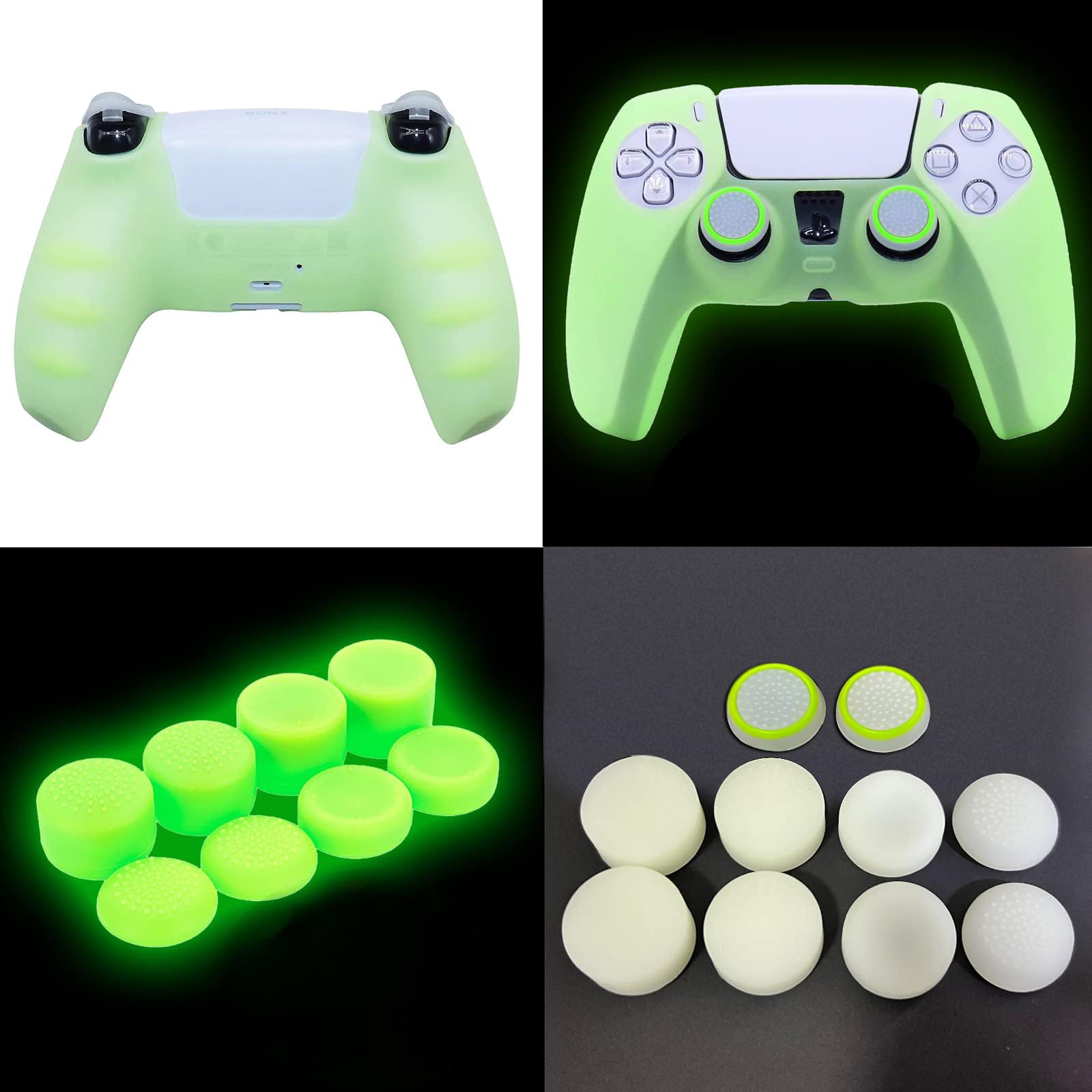 HLRAO Green Anti-Slip Glow in The Dark Protective Silicone Cover Skin Grips Compatible with PS5 Controller,8 PCS Thumb Grips Caps and 2 Grips Caps Glow in The Dark.